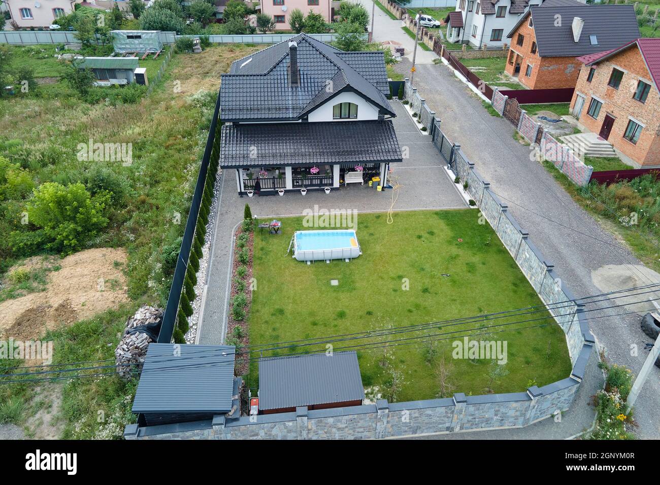 Aerial view of private house with green backyard and small swimming ...