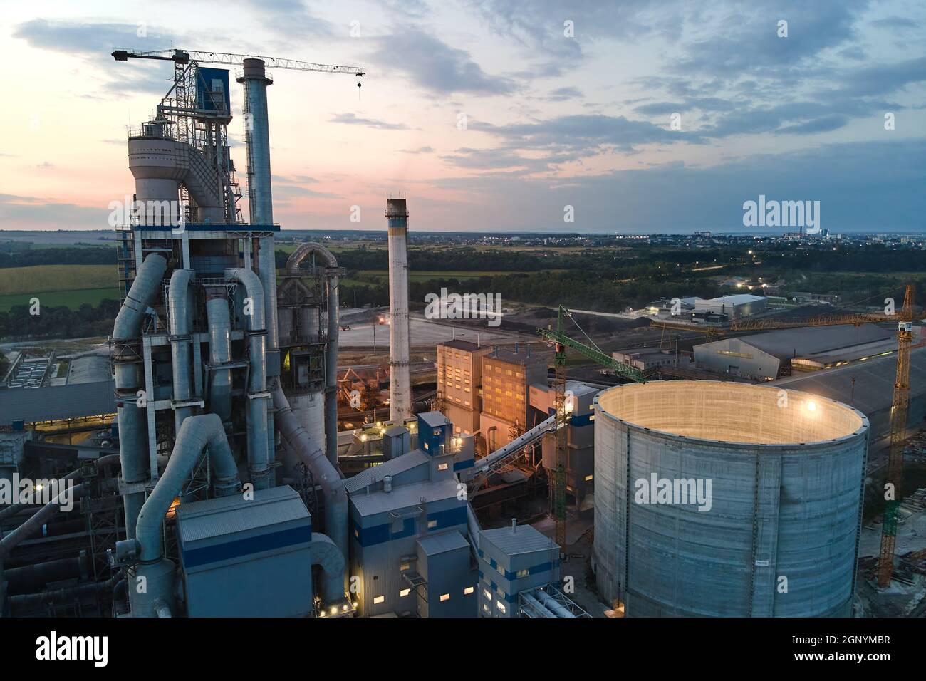 Aerial view of cement factory with high concrete plant structure and ...