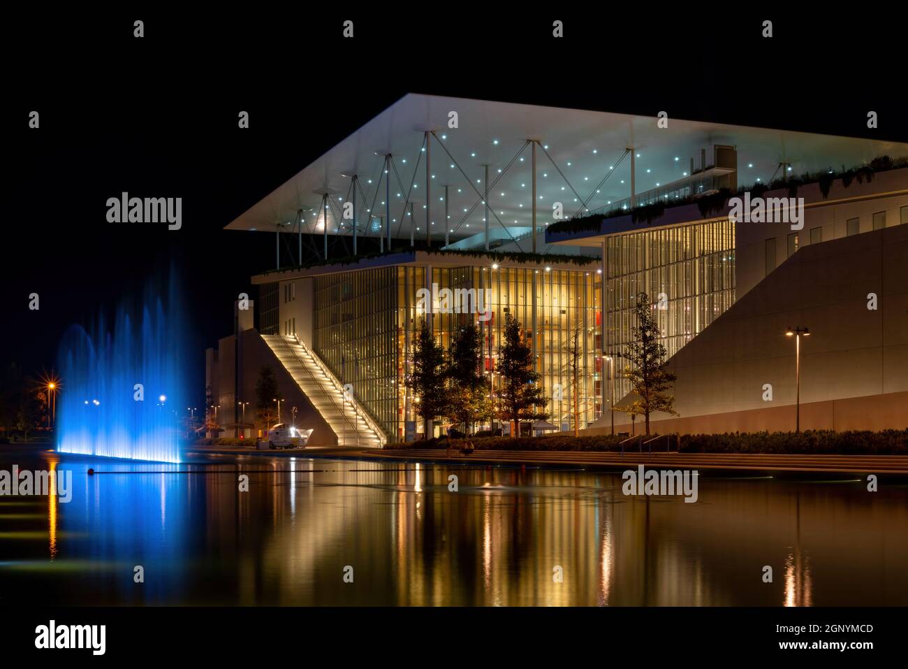 Night view of Stavros Niarchos Foundation Cultural Center. Nowadays it ...