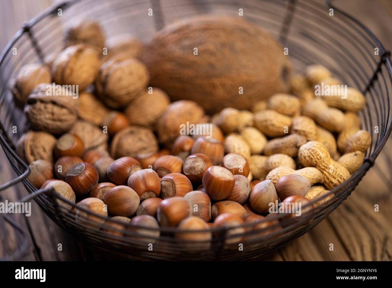 still life with hazelnut peanuts walnut and coconut on wooden board ...