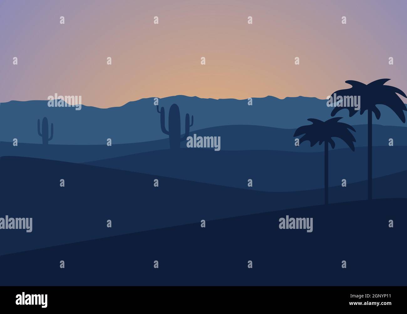 Desert Landscape with Cactus, Hills and Mountains Silhouettes. Vector ...