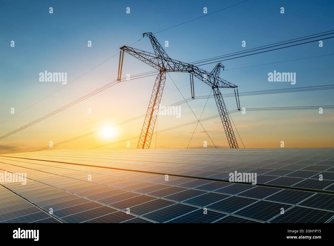 High voltage pylons with electric power lines transfering electricity ...