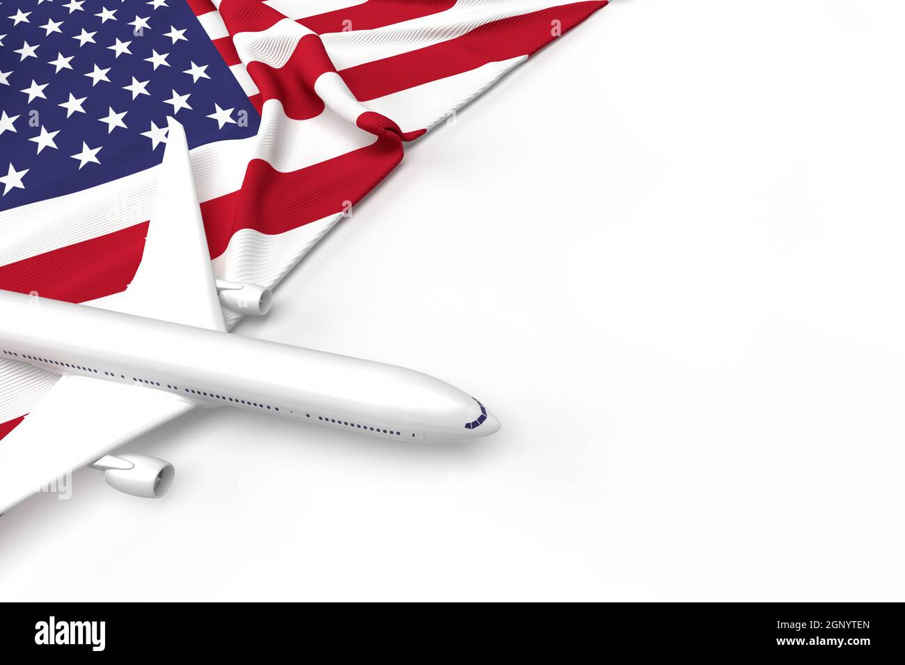 Passenger airplane and flag of USA. 3D illustration Stock Photo - Alamy