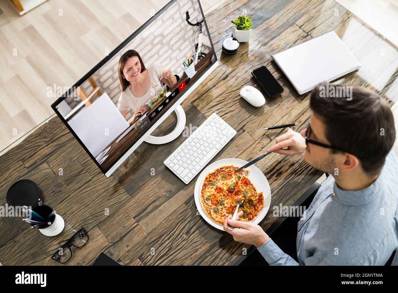 Virtual Office Lunch Break Using Online Video Conference Stock Photo ...