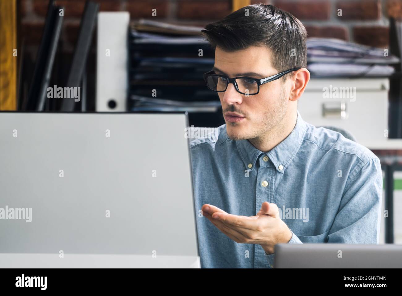 Workplace Quarrel. Angry Looking Man In Video Conference Stock Photo ...