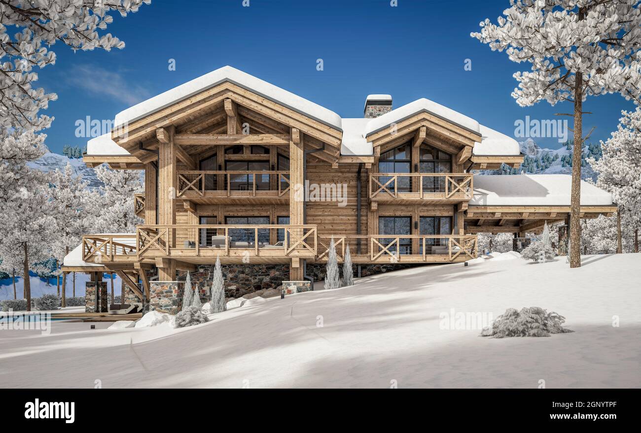 3d rendering of modern cozy chalet with pool and parking for sale or ...