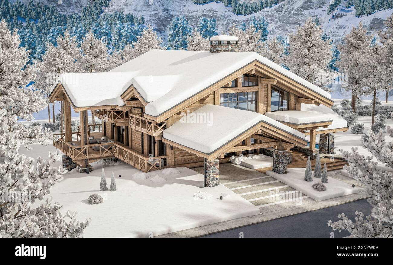 3d rendering of modern cozy chalet with pool and parking for sale or ...