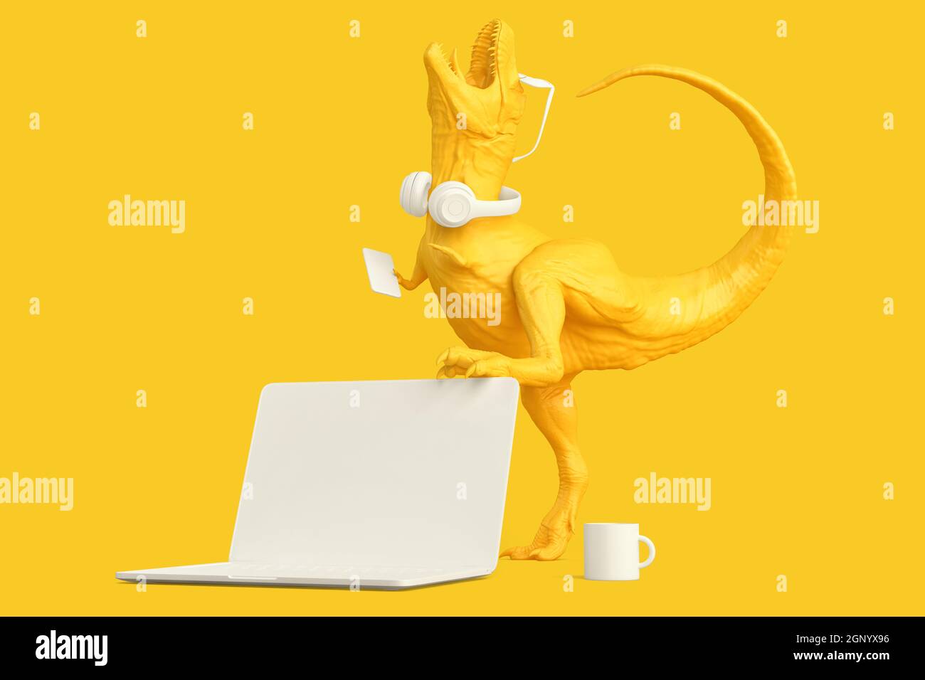 T-rex with laptop and other accessories. Technology concept. 3D ...
