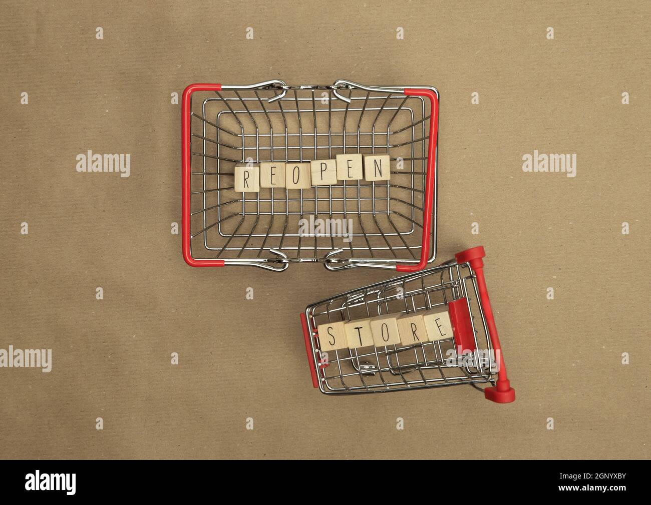 Reopen store concept after the coronavirus pandemic. Wooden blocks with ...