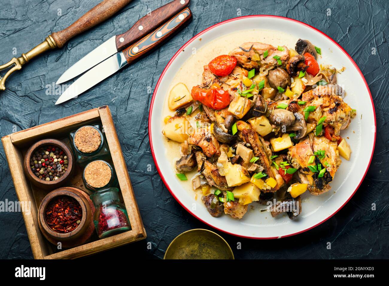 Appetizing stew or ragout with chicken meat and vegetables Stock Photo ...