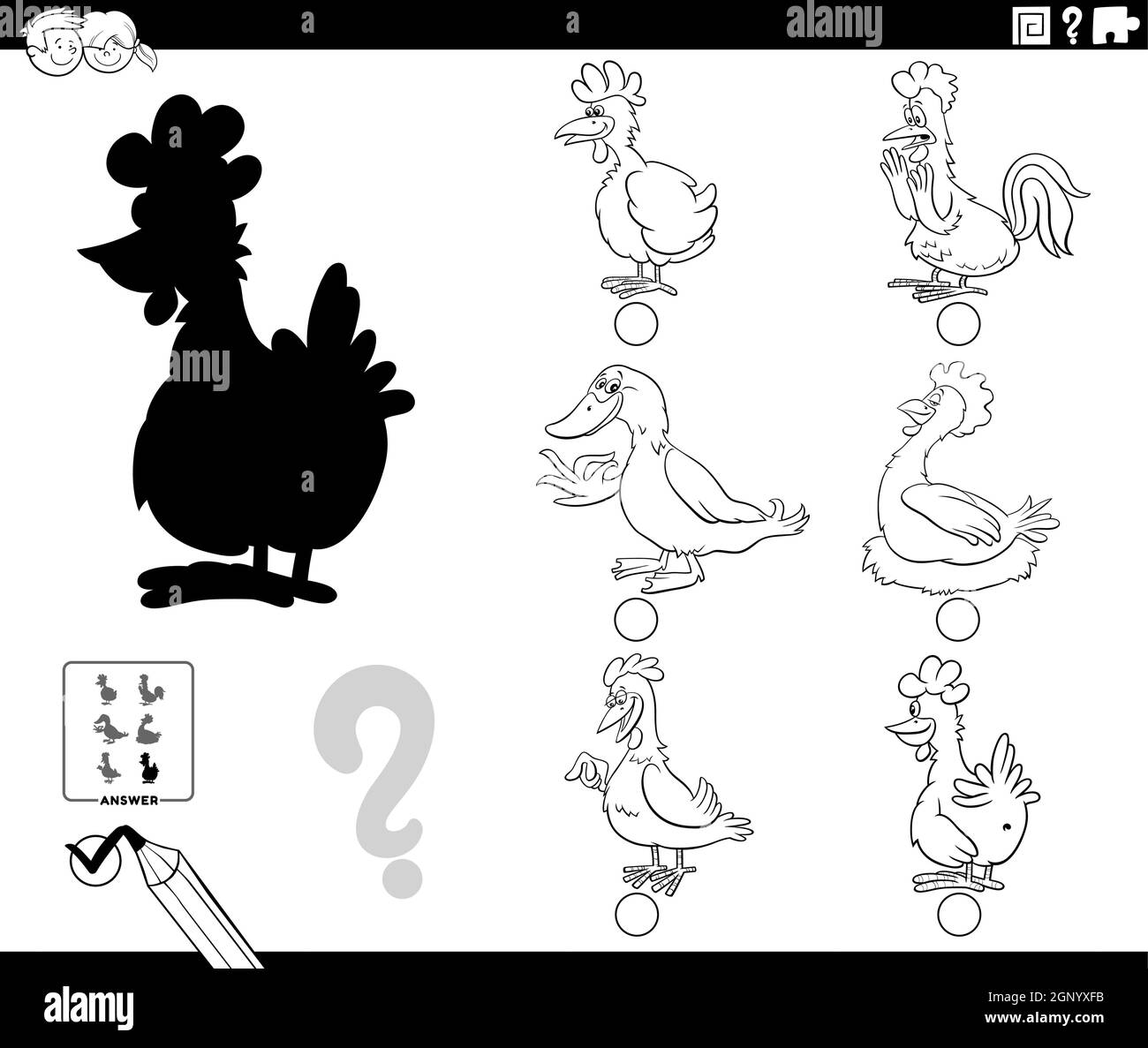 shadows game with cartoon firm birds animals coloring book page Stock ...