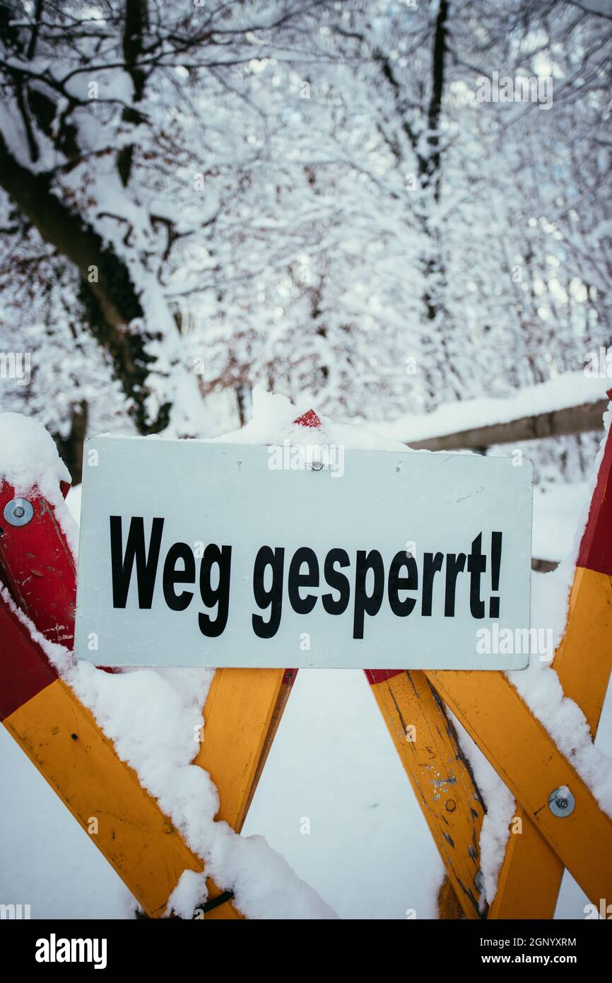 Closed walking path, winter, danger of avalances Stock Photo - Alamy