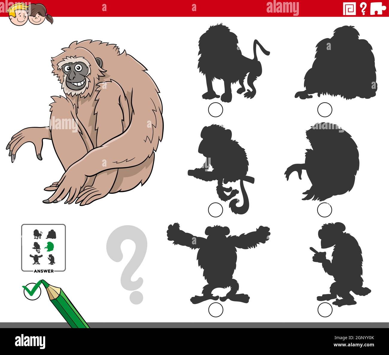 shadows task with cartoon gibbon ape animal character Stock Vector ...