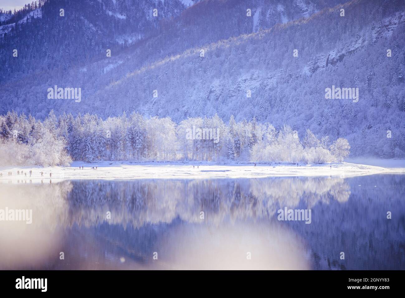 Idyllic winter landscape: Reflection lake, snowy trees and mountains ...