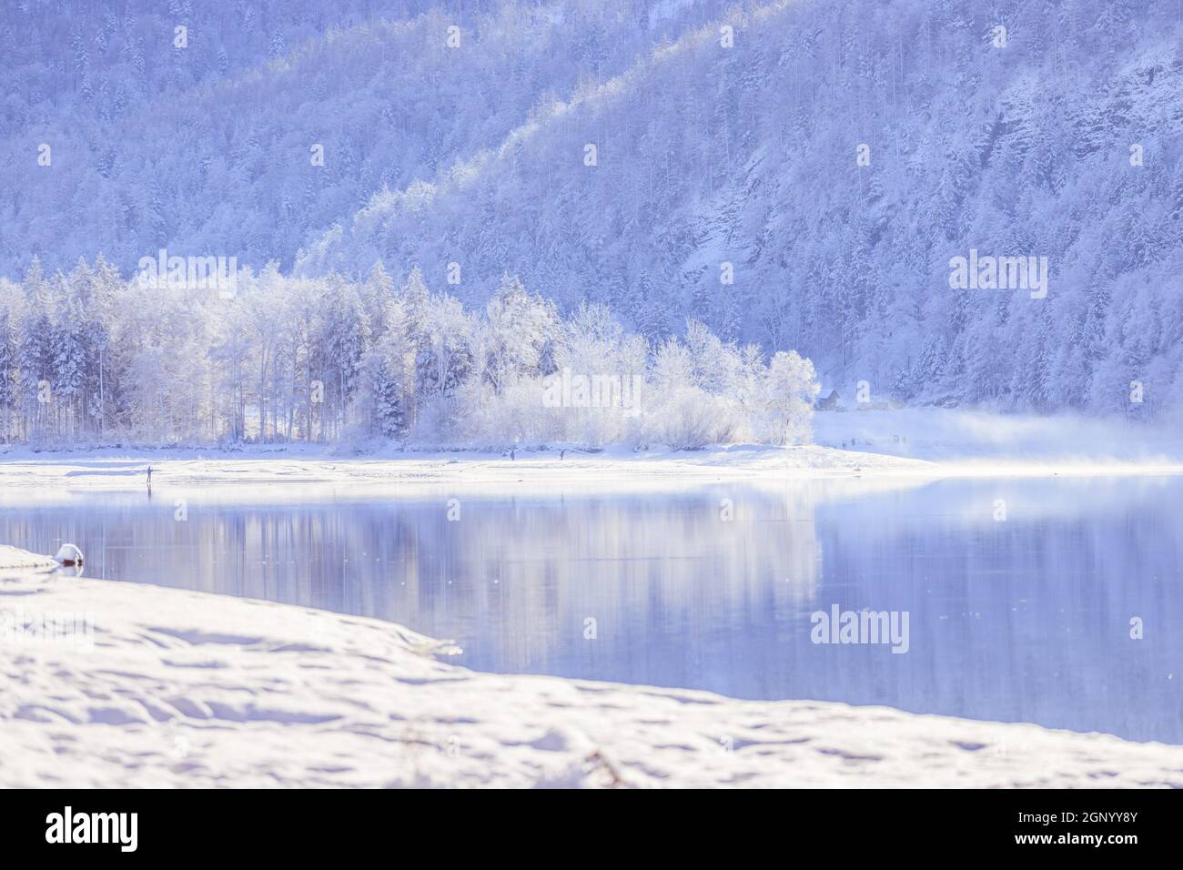 Idyllic winter landscape: Reflection lake, snowy trees and mountains ...