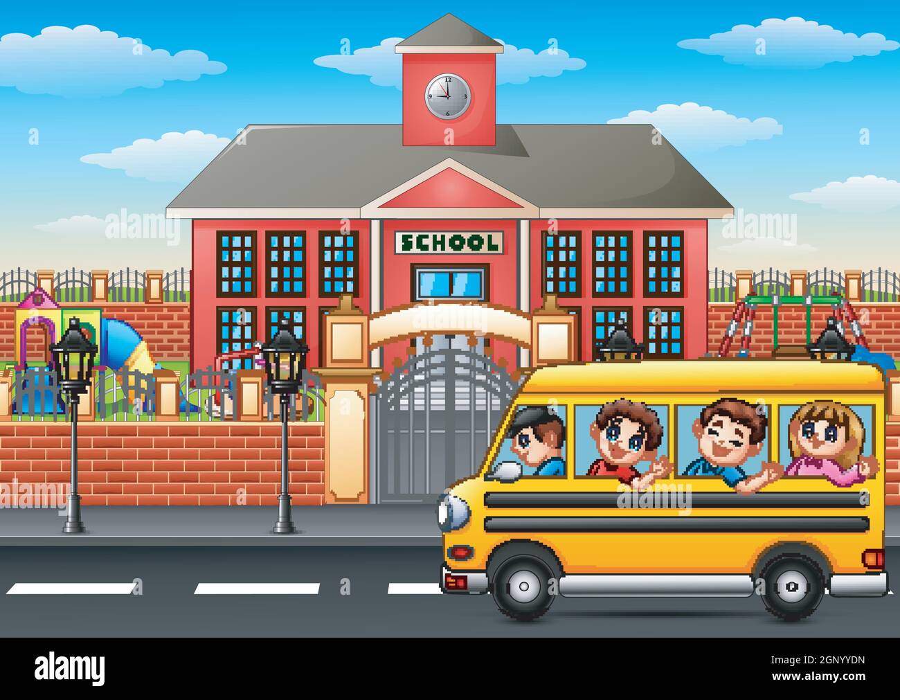 Happy kids go school bus building road children Stock Vector Images - Alamy
