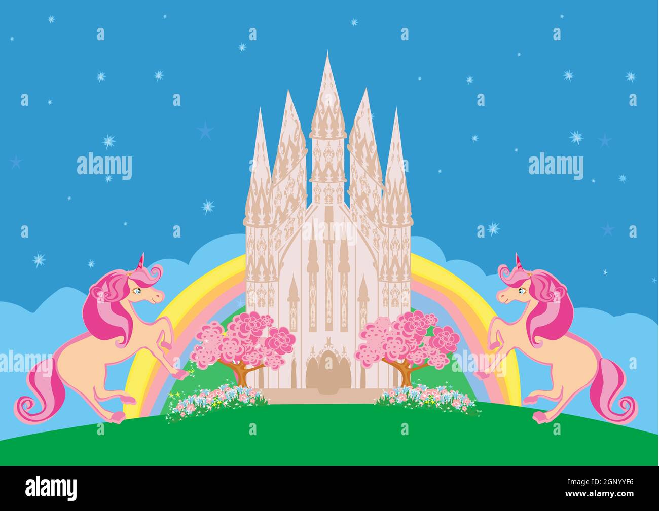 Cute unicorns and fairy-tale princess castle Stock Photo - Alamy