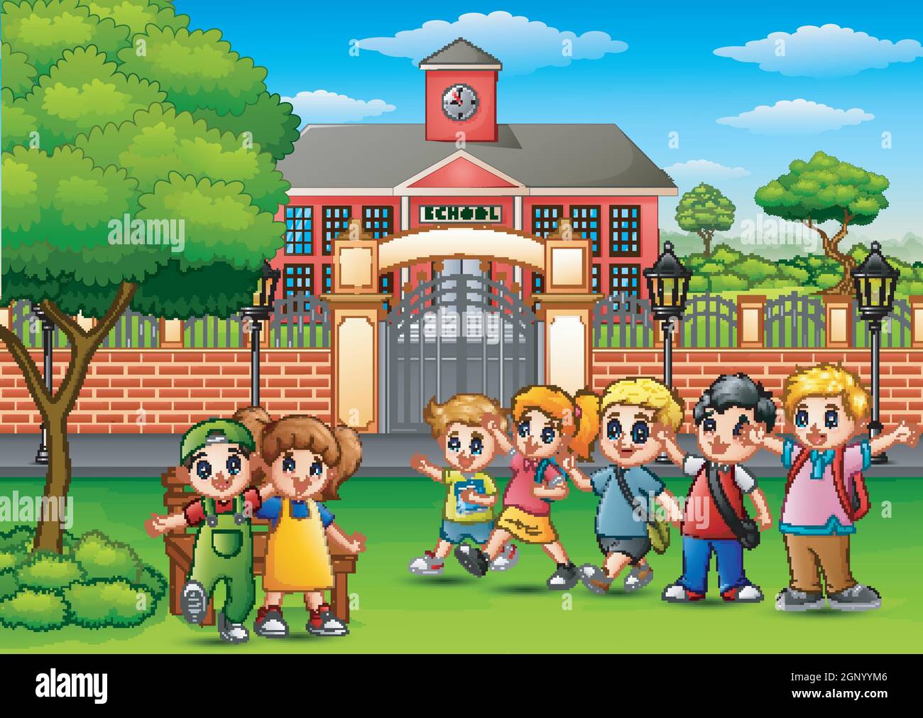 Happy kids go school building girl boy High Resolution Stock ...