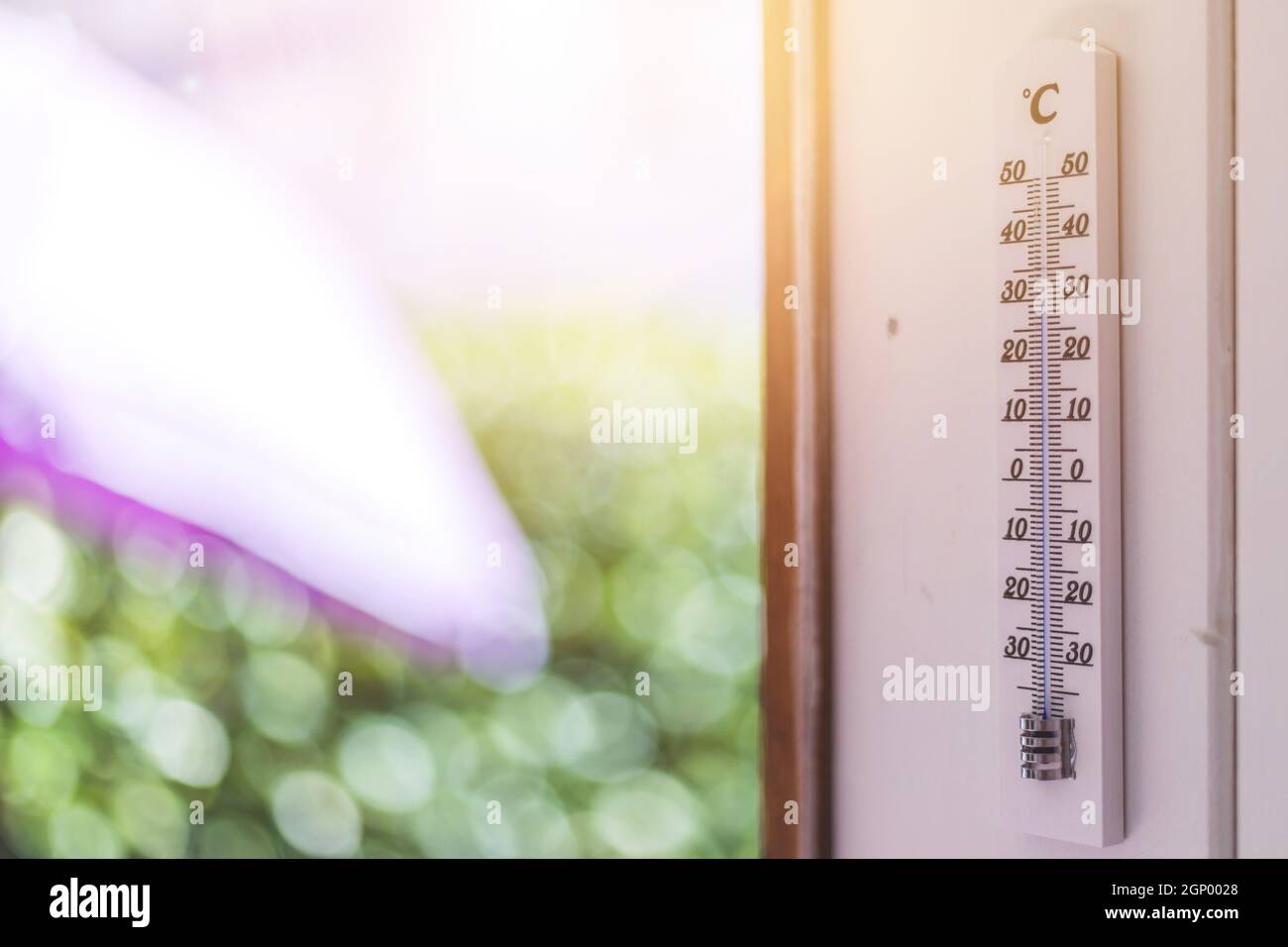 Thermometer close up picture in summer time, blurry background Stock ...