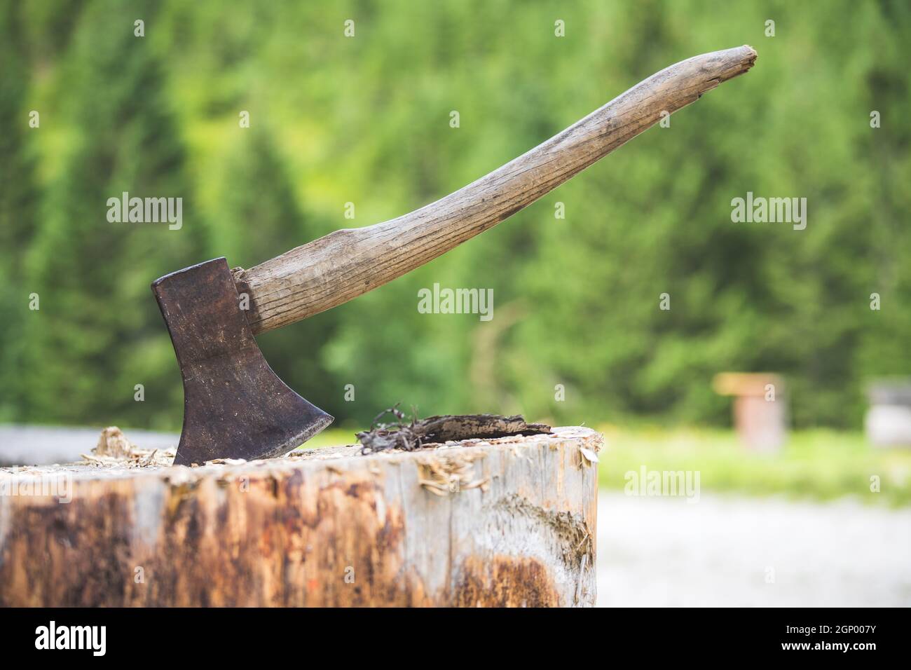 Old axe attached to a tree trunk, alpine hut Stock Photo - Alamy