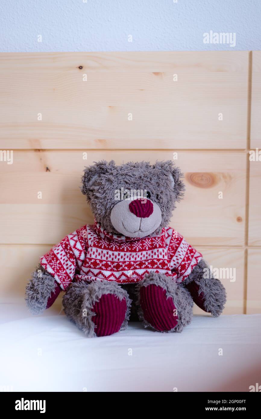 Cute teddy bear toy is sitting in the bed, wakeup at morning Stock ...