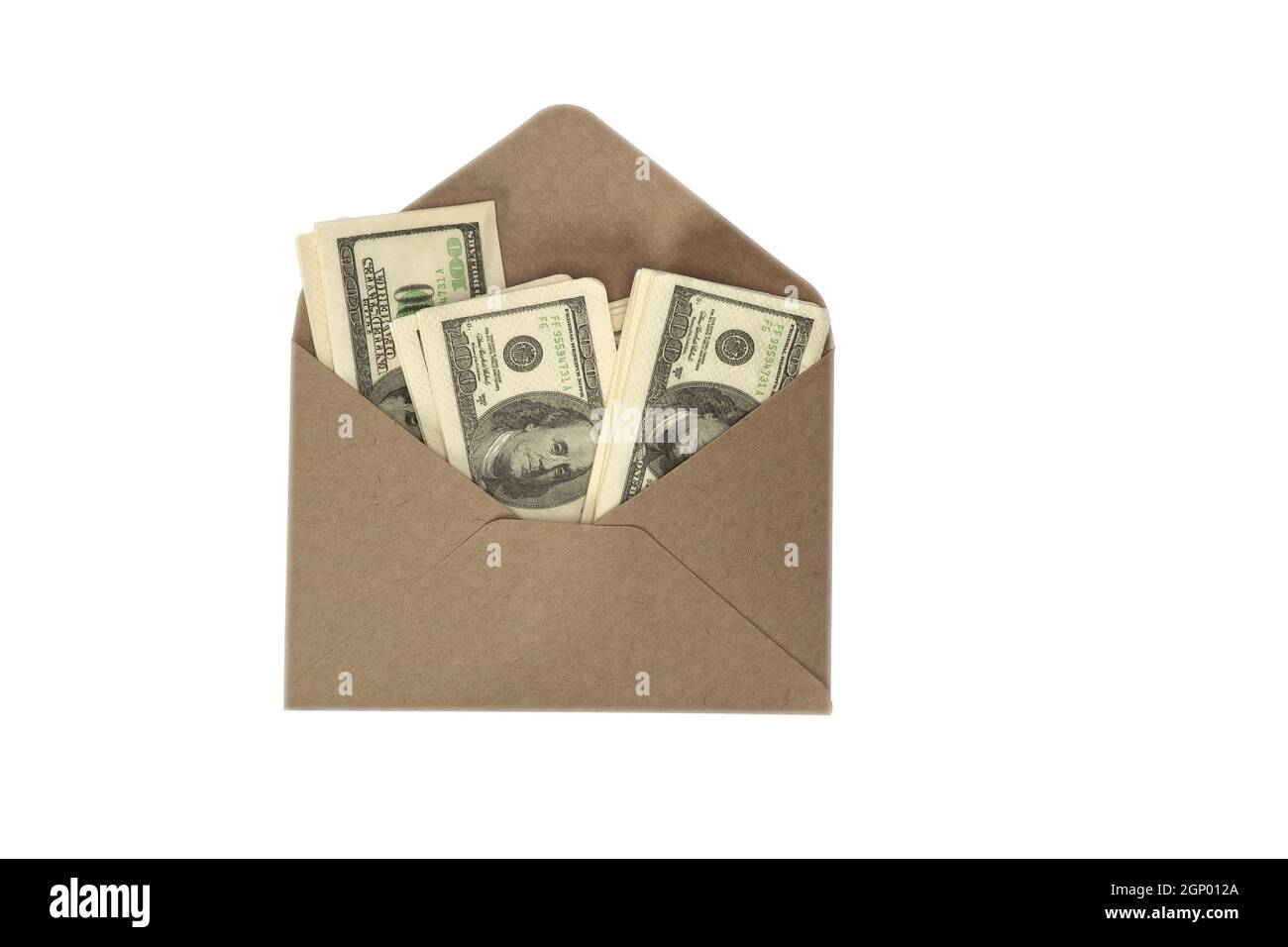 Craft paper envelope filled with one hundred dollar bills isolated on ...