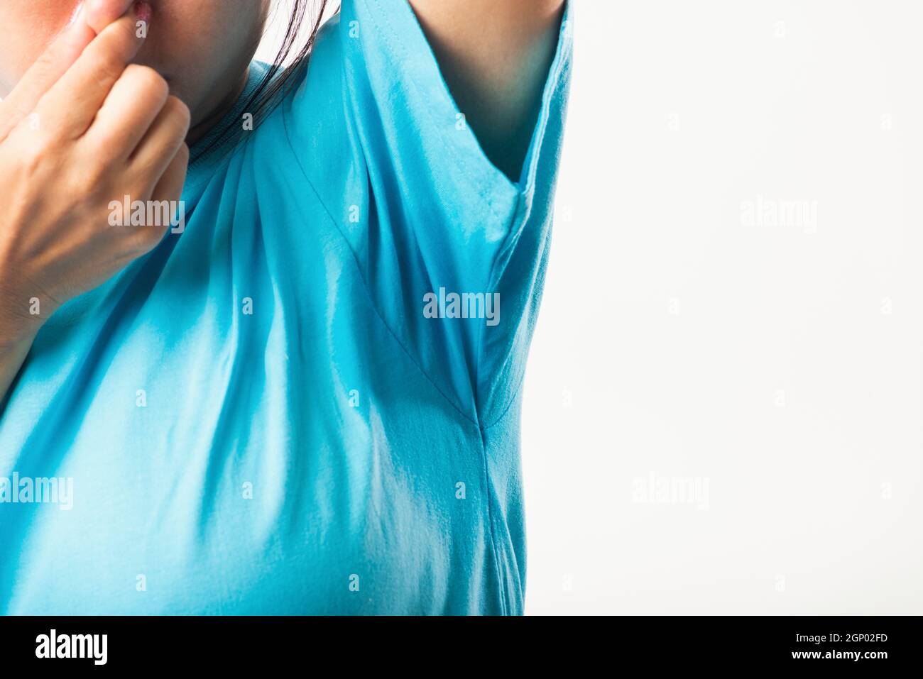 Closeup young Asian young woman hyperhidrosis sweating. Female have ...