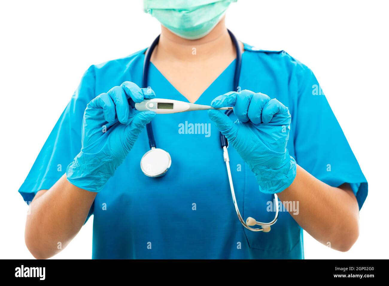 Female nurse with stethoscope puts on rubber gloves and wearing medical ...