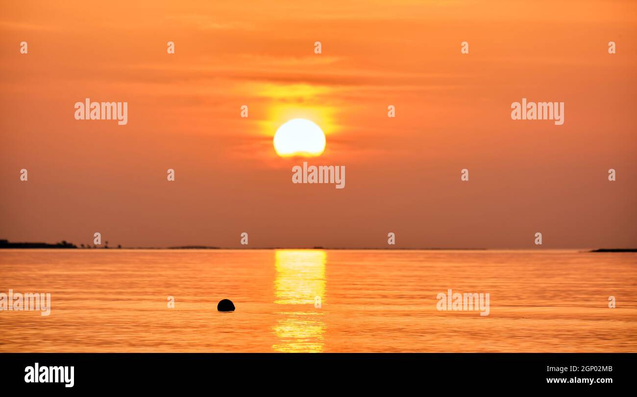 Big yellow sun setting down over sea surface Stock Photo - Alamy