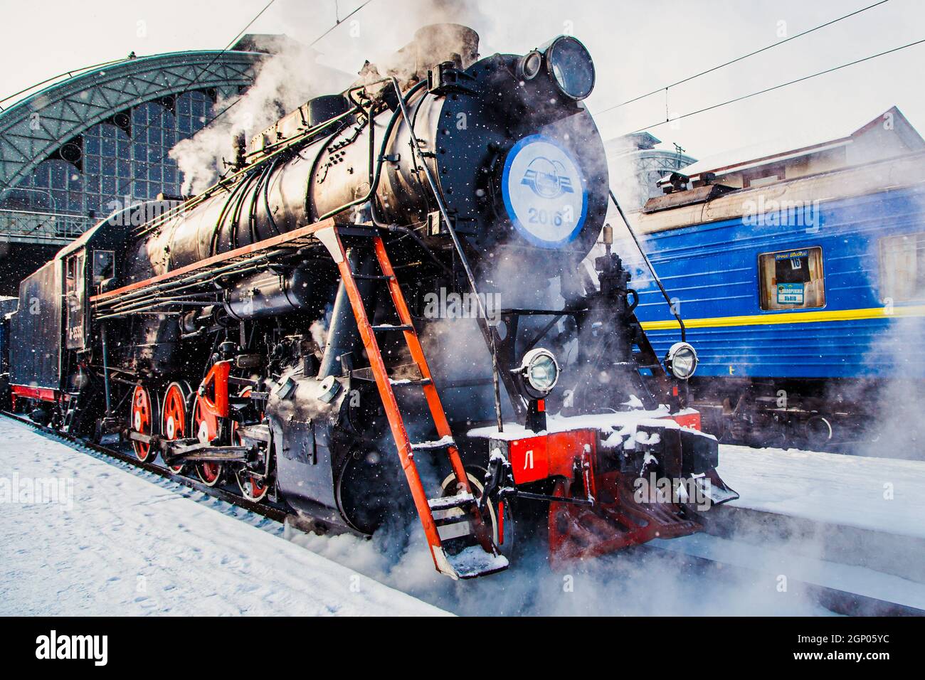 Lviv, Ukraine - January 20, 2017: old locomotive in Lviv railway station in winter Stock Photo ...