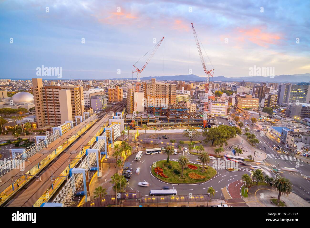 Miyazaki city downtown skyline cityscape in Kyushu, Japan at sunset ...