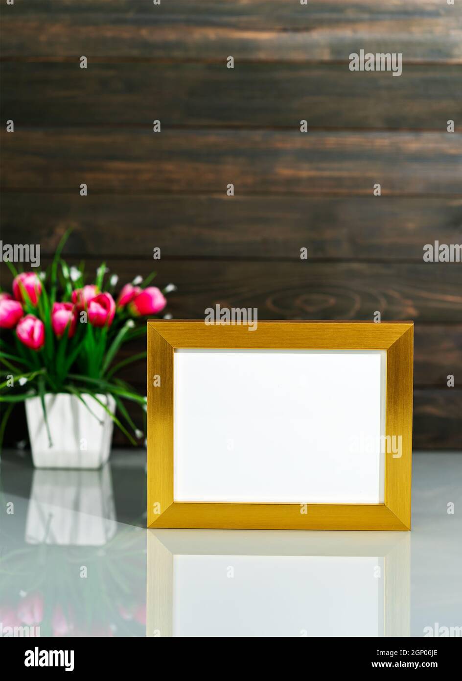 Picture mock up with golden frame and Artificial flower vase bouquet ...