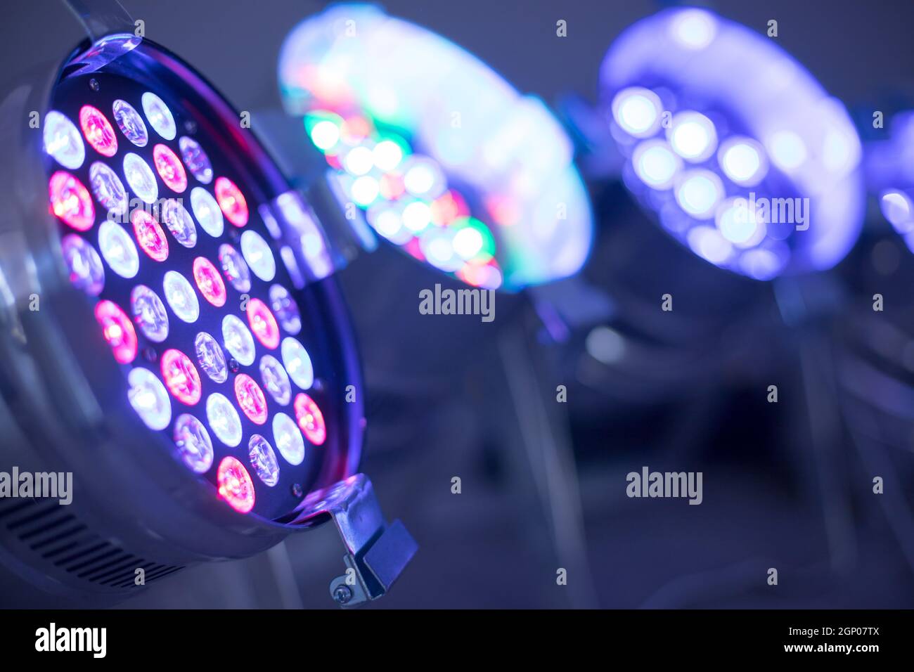Party lighting: Colorful LED spots on the floor, hall Stock Photo - Alamy