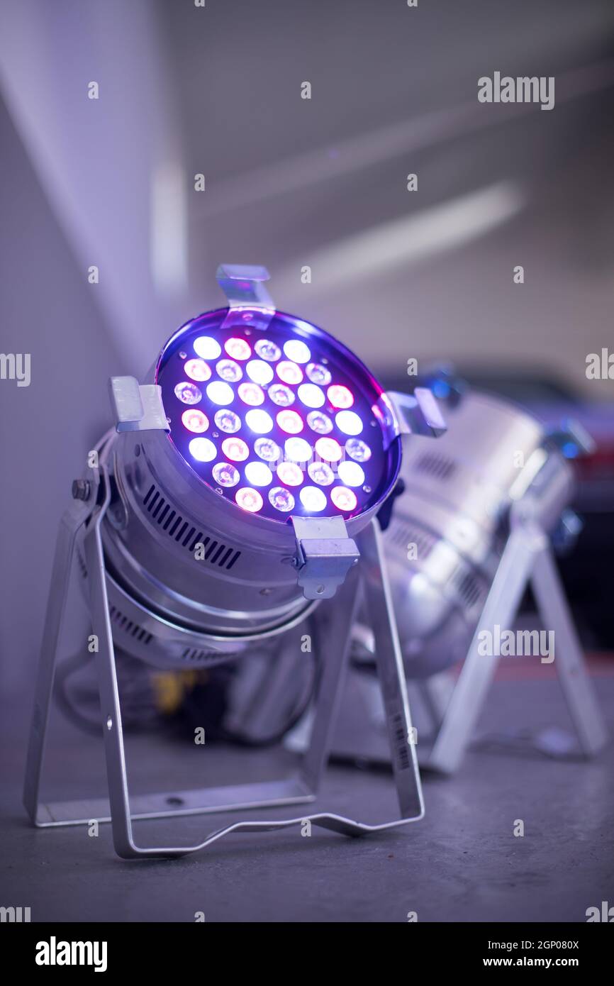 Party lighting: Colorful LED spots on the floor, hall Stock Photo - Alamy