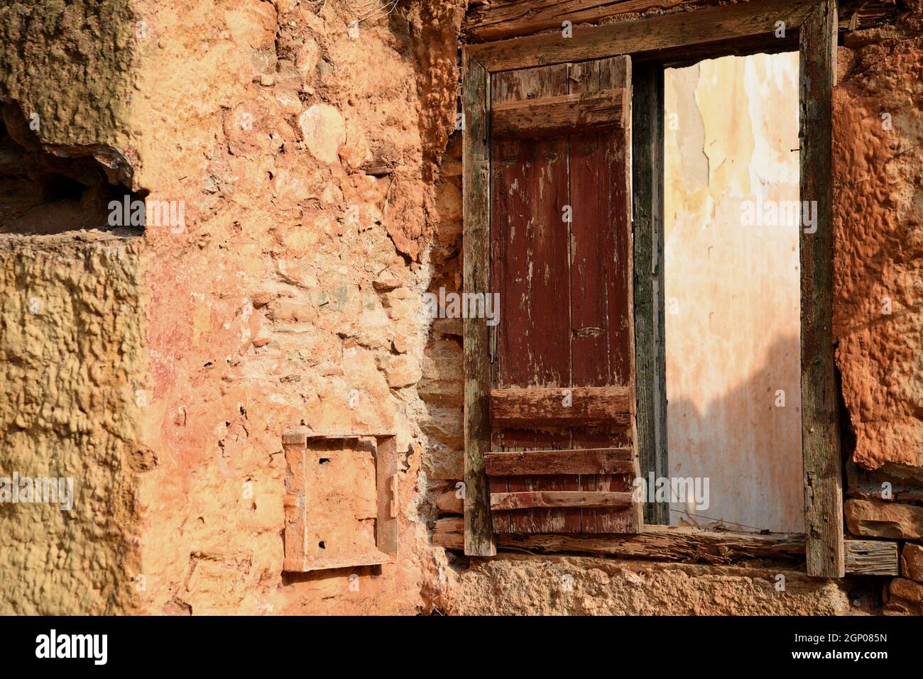 Landscape with scenic view of an old abandoned rural house facade with ...