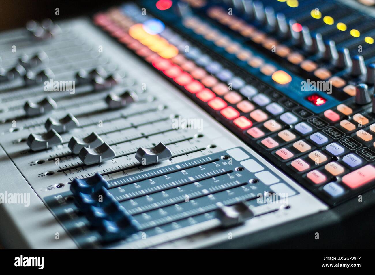Professional music production in a sound recording studio, mixer desk ...