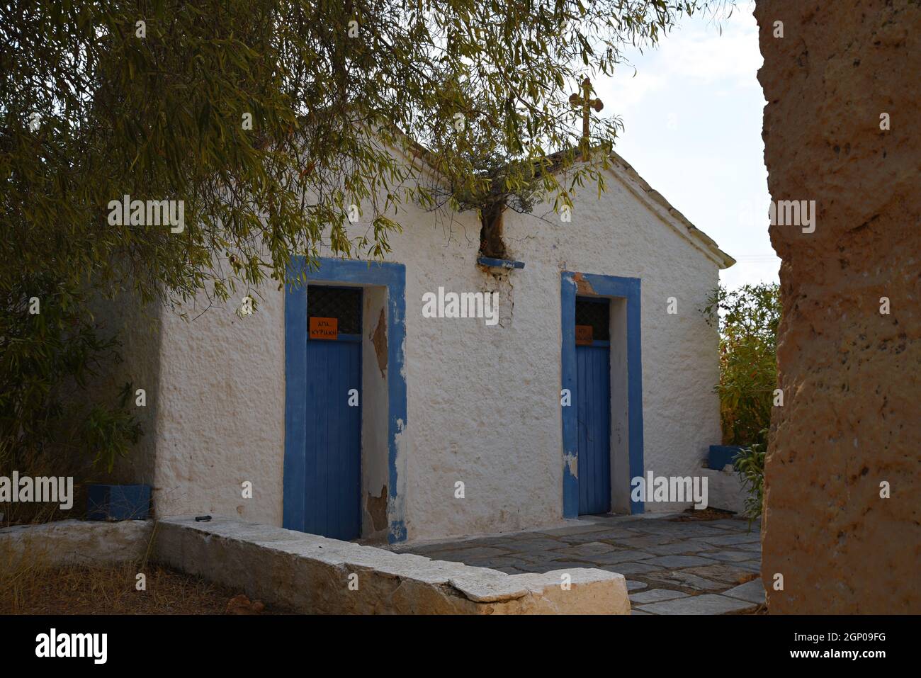 Scenic view of two traditional Greek Orthodox chapels on the grounds of ...