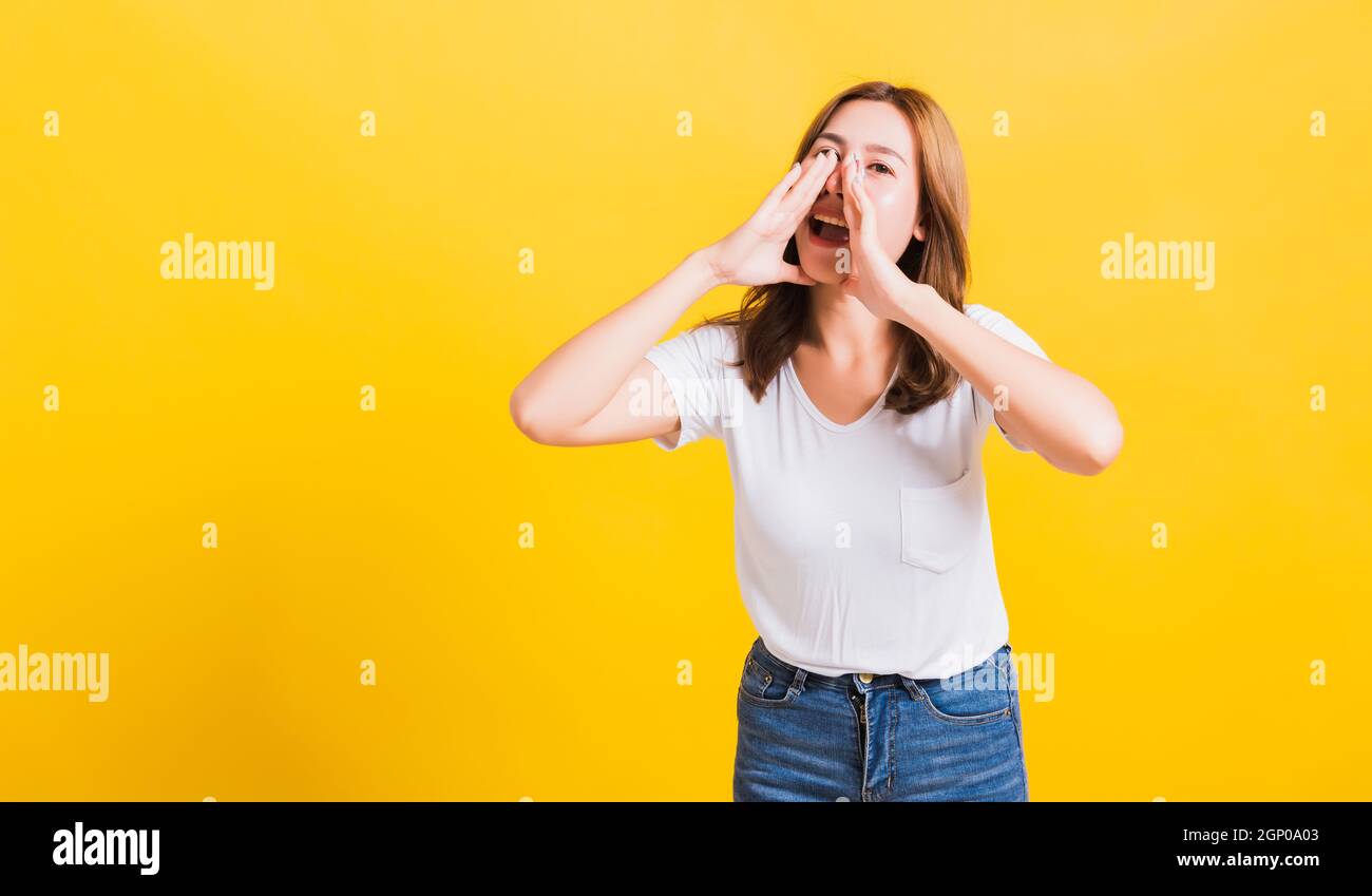 Asian Thai happy portrait beautiful cute young woman teen standing big ...