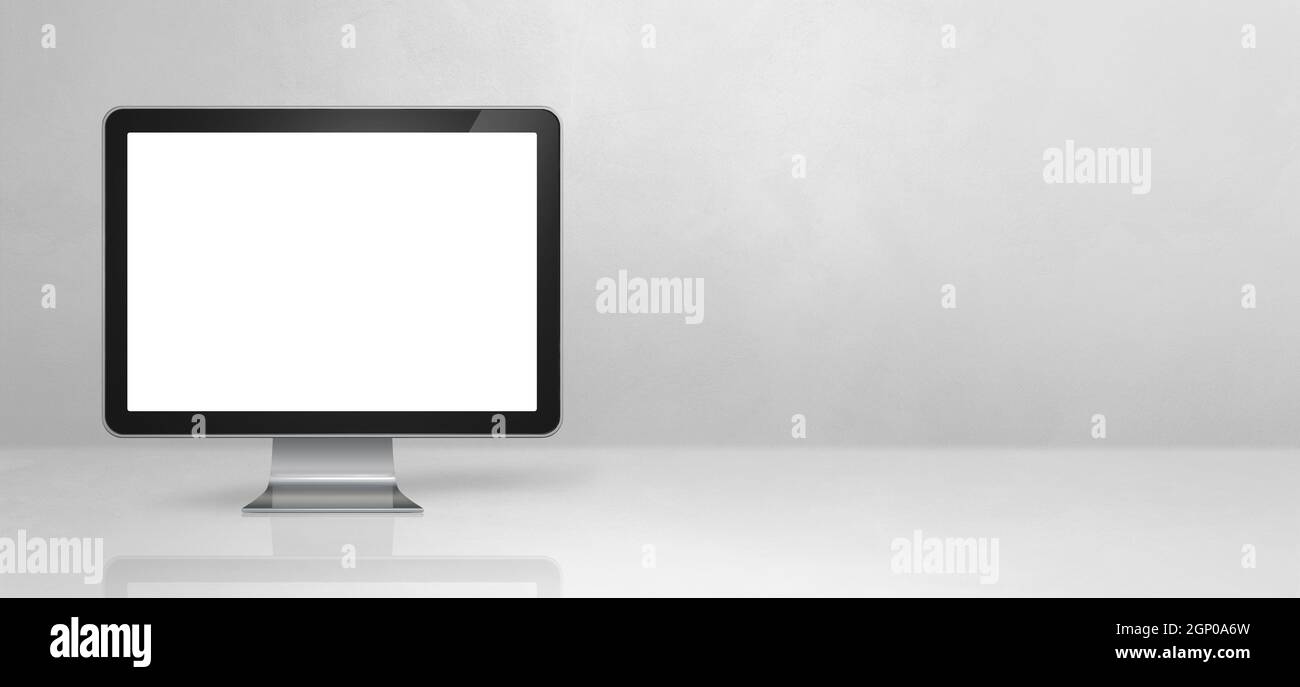 Computer pc - white concrete office desk banner. 3D Illustration Stock ...