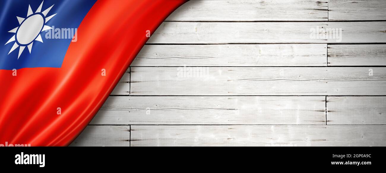 Taiwan flag on old white wall. Horizontal panoramic banner Stock Photo ...