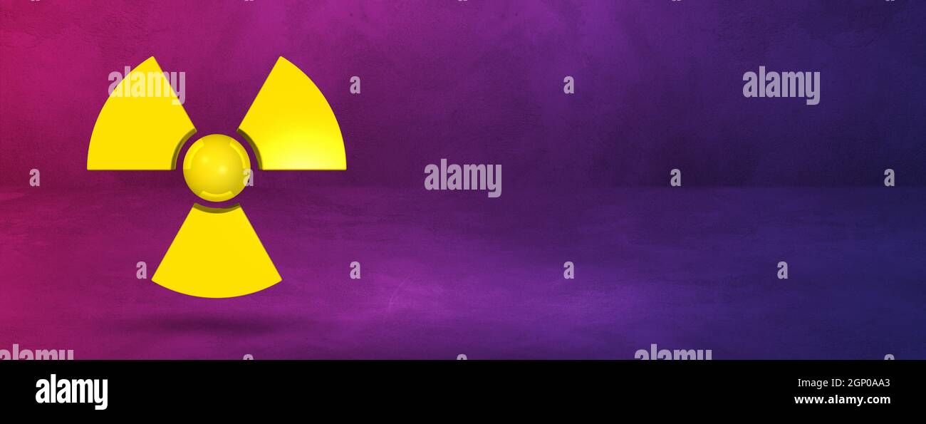 Radioactive symbol isolated on a purple studio background banner. 3D ...