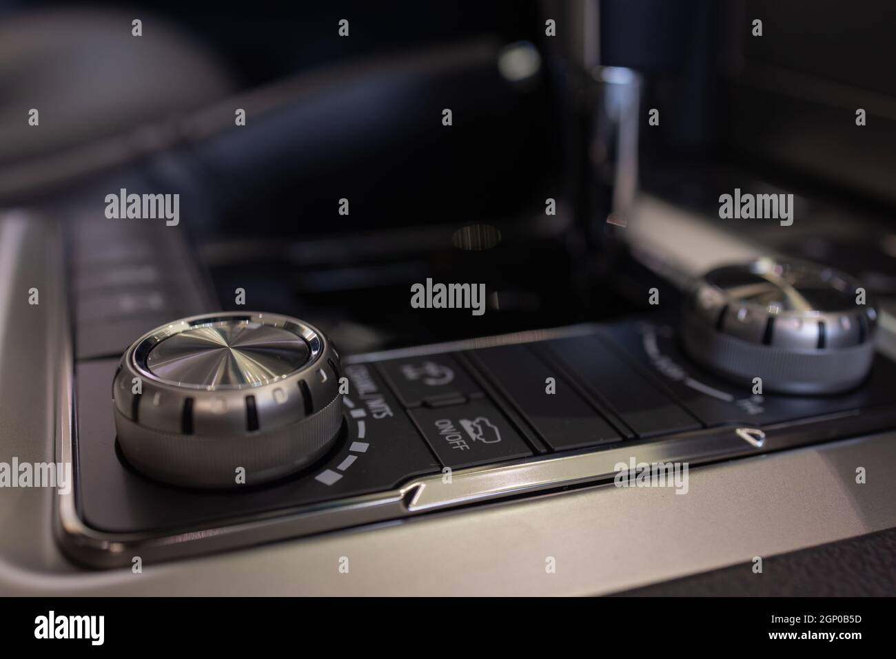 Luxury car interior details. Middle console with gearbox controls Stock ...