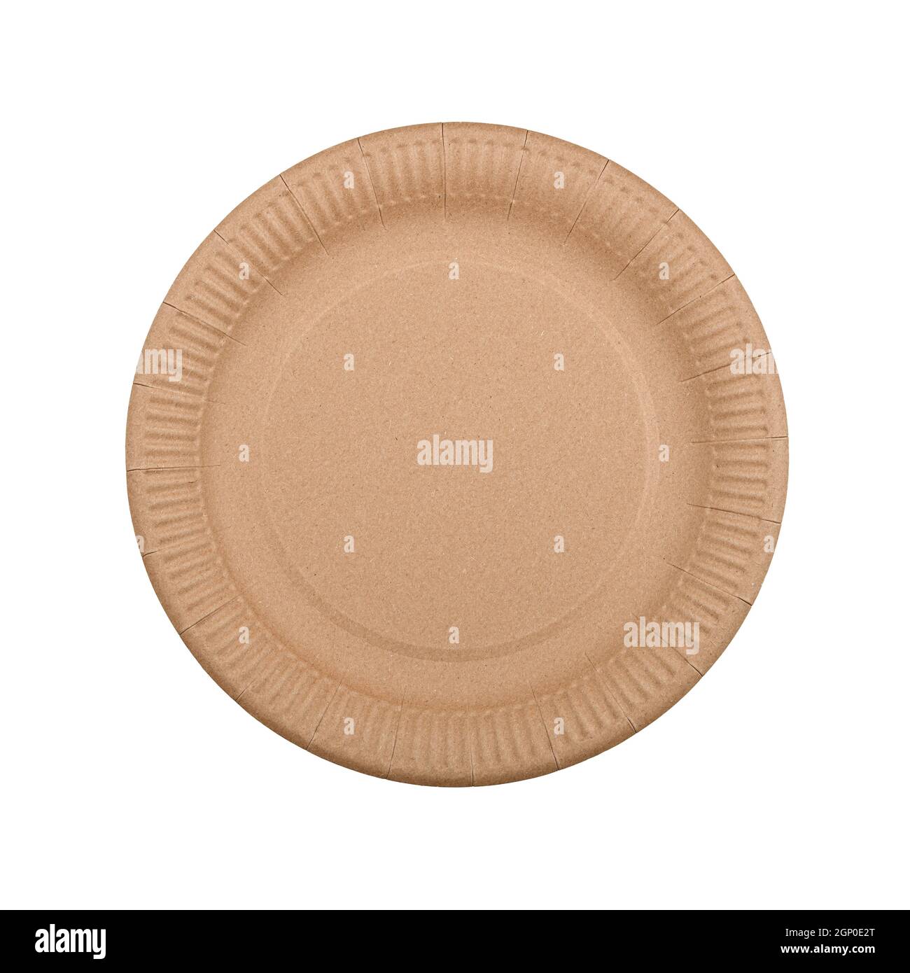 Close up one round disposable brown paper plate isolated on white ...