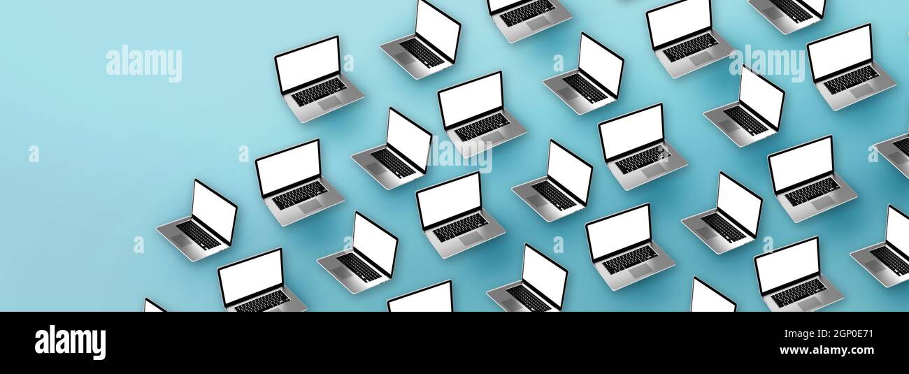 Modern laptops on blue background. 3D Illustration Stock Photo - Alamy