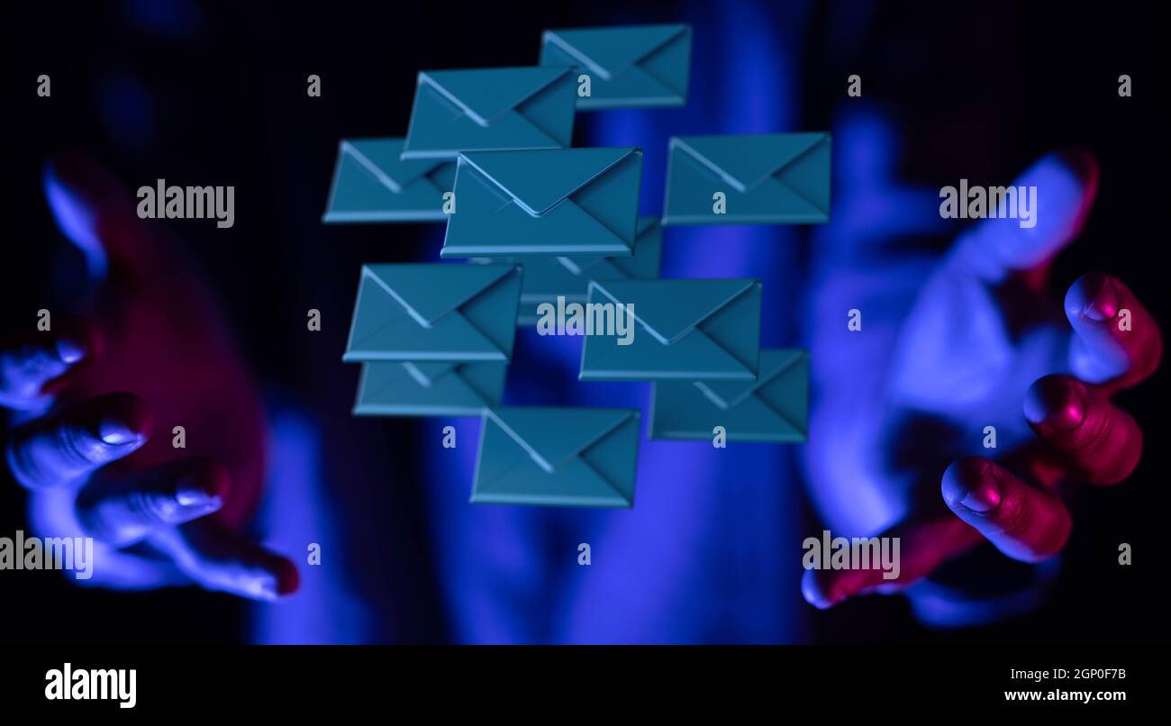 3d rendering of email inbox symbols between human hands with a purple ...