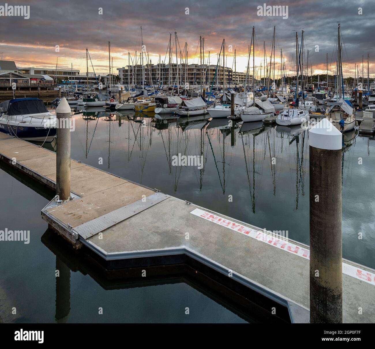 MOOLOOLABA, AUSTRALIA - Aug 26, 2021: A port with parked boats with the ...
