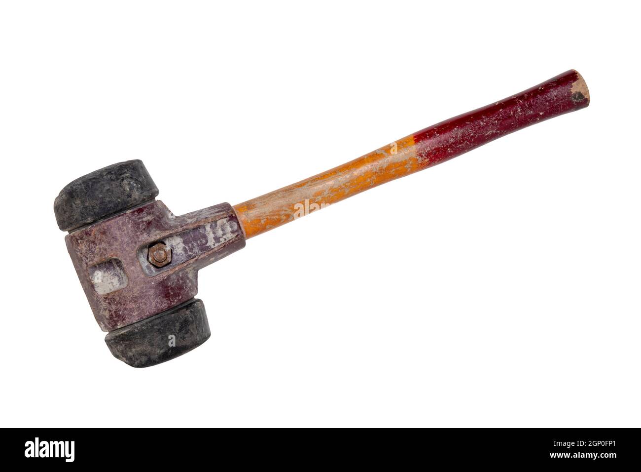 Closeup of a professional paving hammer with cast steel body, wooden ...