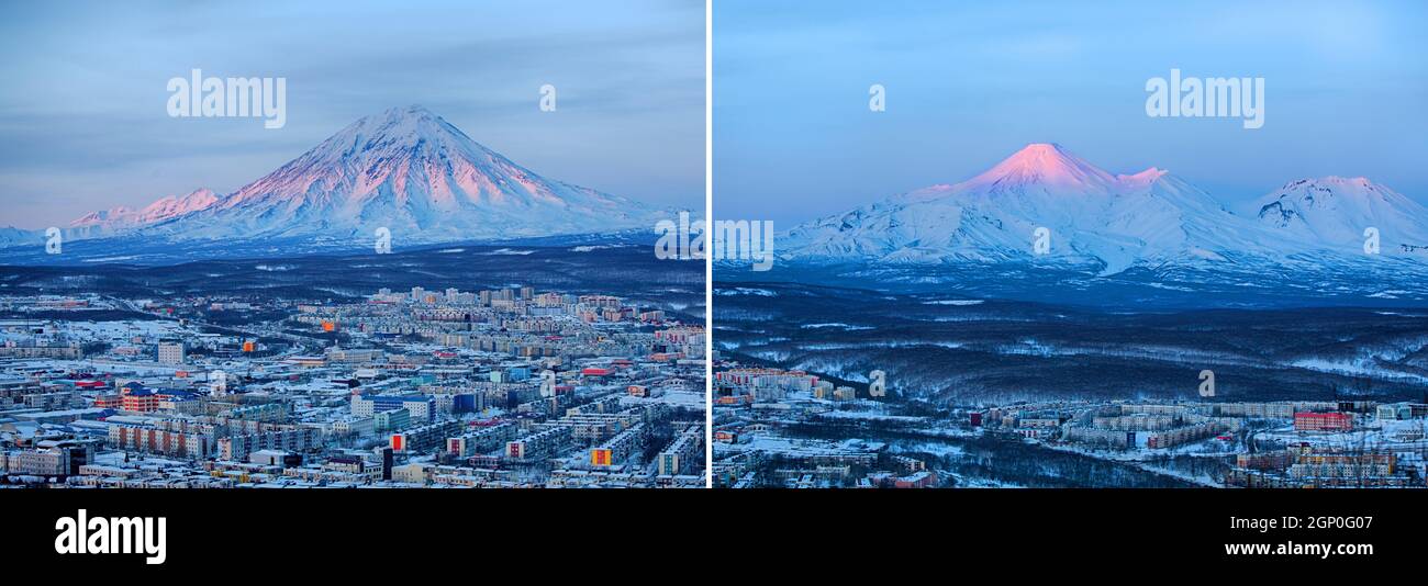 Set of panoramic view of the city Petropavlovsk-Kamchatsky and ...