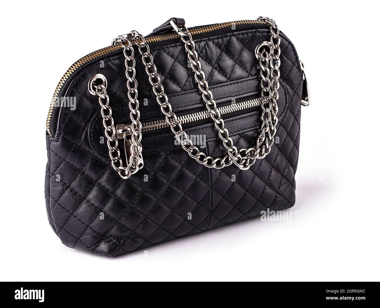The black women's handbag with chain on white background Stock Photo ...