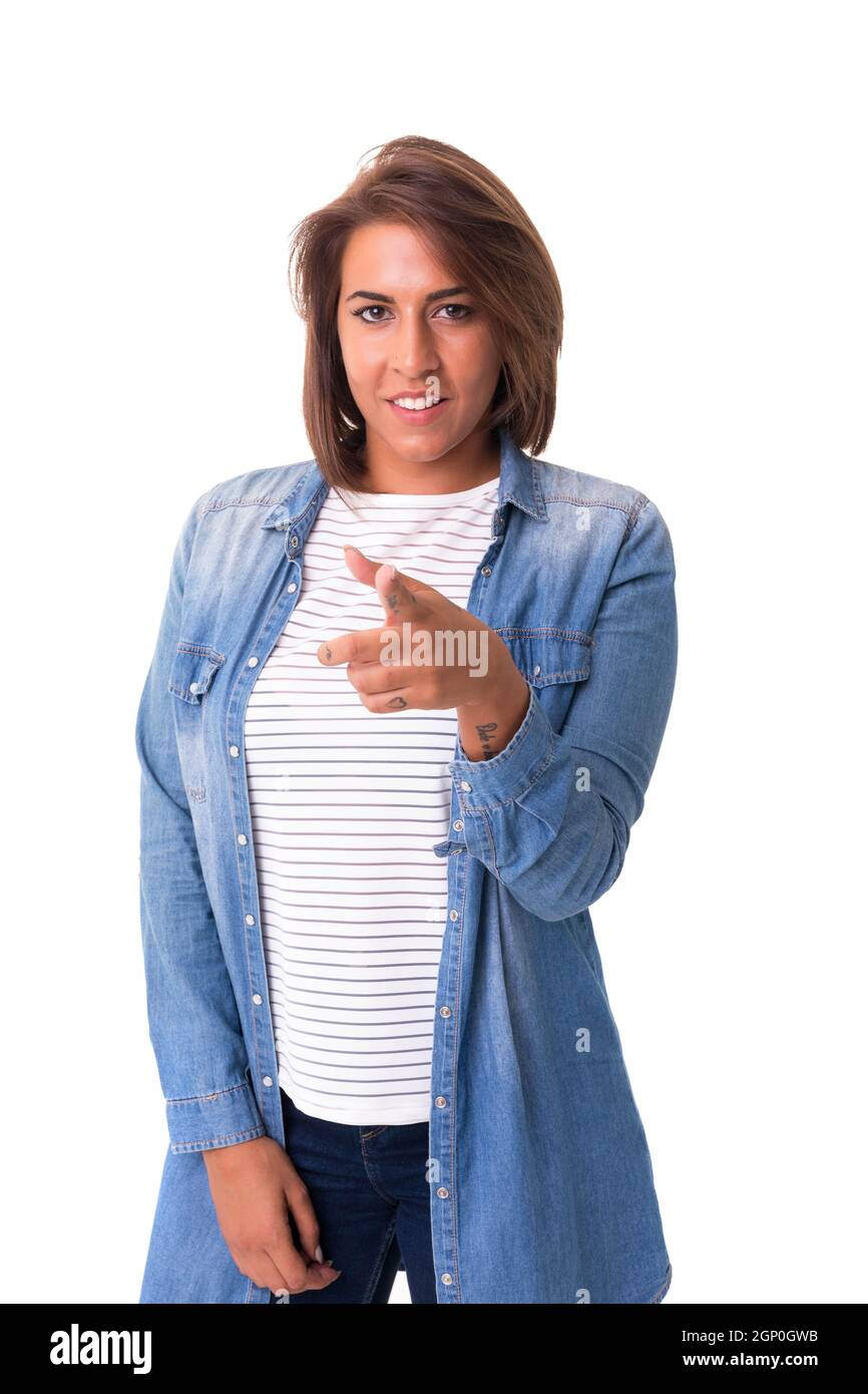 Beautiful young woman signaling ok, isolated over white Stock Photo - Alamy